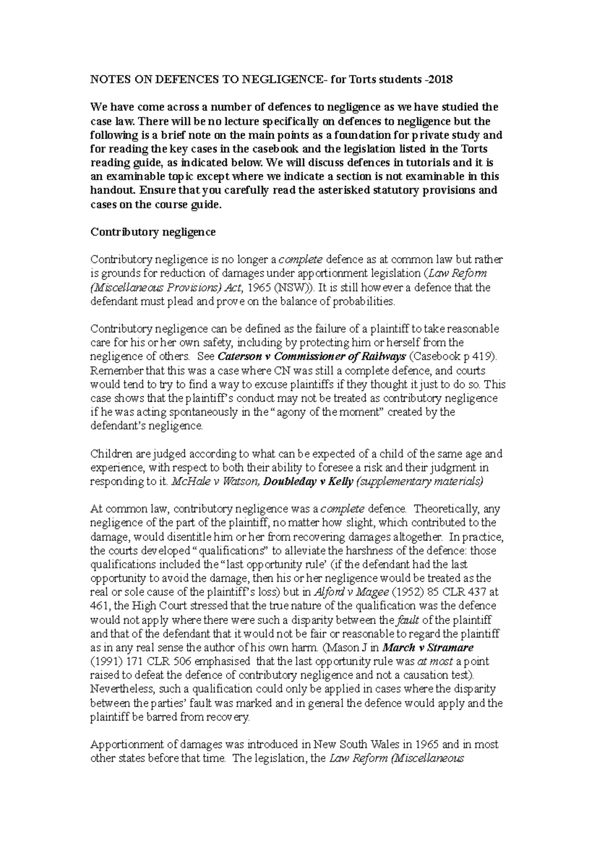 Notes ON Defences TO Negligence 2018 - NOTES ON DEFENCES TO NEGLIGENCE ...