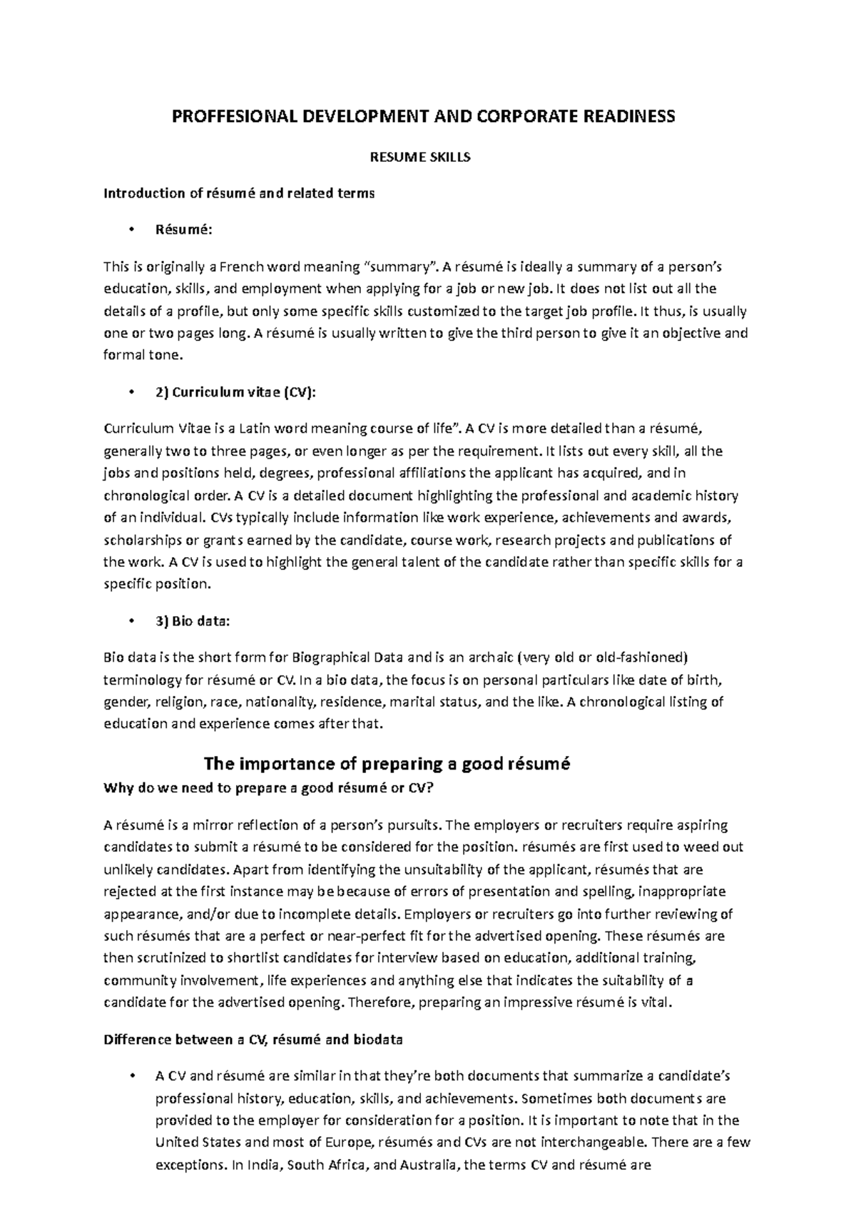 Notes on Resume skills - PROFFESIONAL DEVELOPMENT AND CORPORATE ...