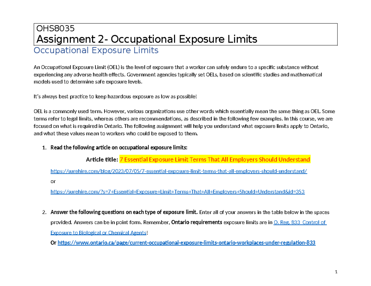 OHS8035 Assignment 2 - Occupational Exposure Limits - OHS Assignment 2 ...