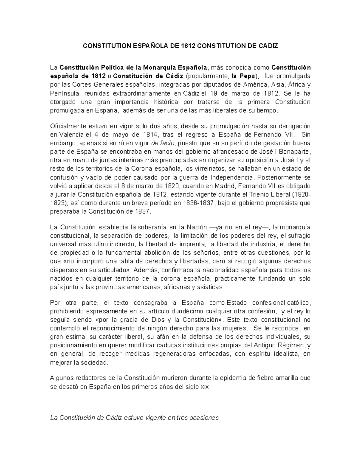 Constitution Española DE 1812 Constitution DE Cadiz - CONSTITUTION ...