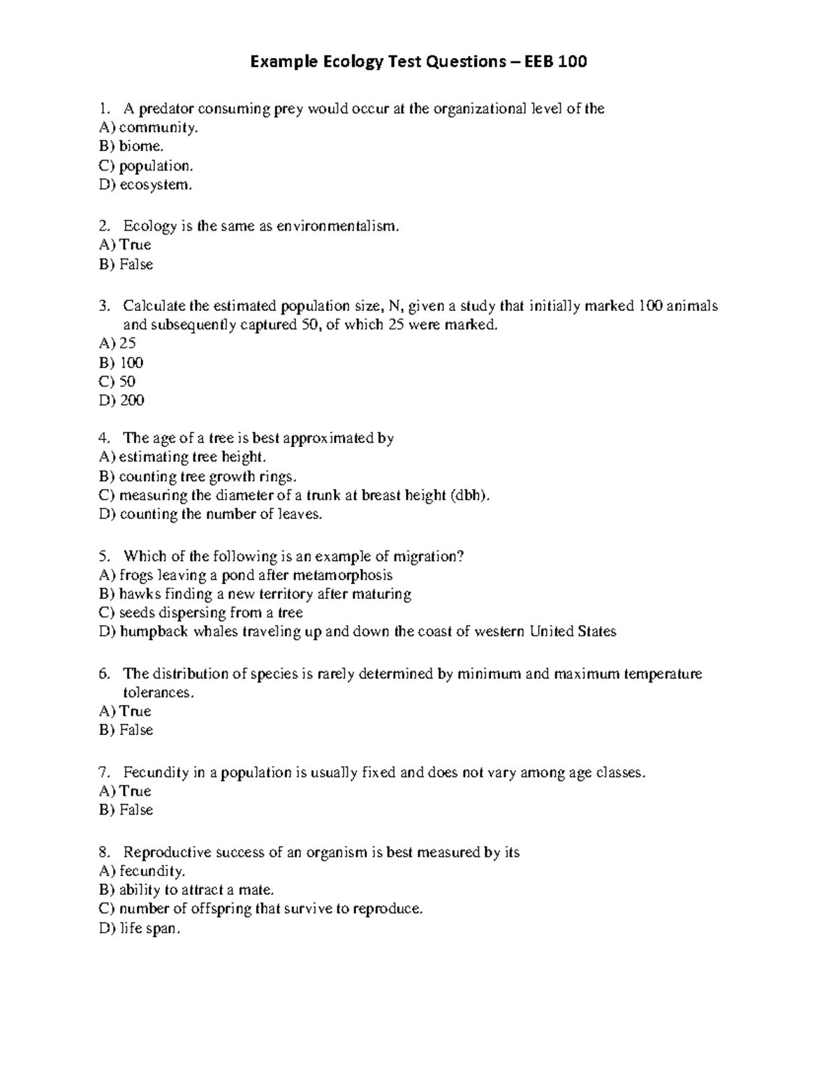 Ecology test questions with NO answers - A predator consuming prey ...