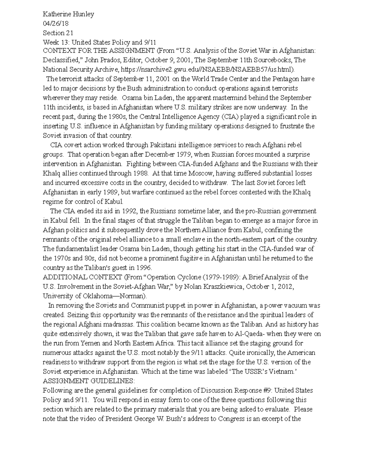 HIST-1221: United States Policy and 9/11 - 04/26/ Section 21 Week 13 ...