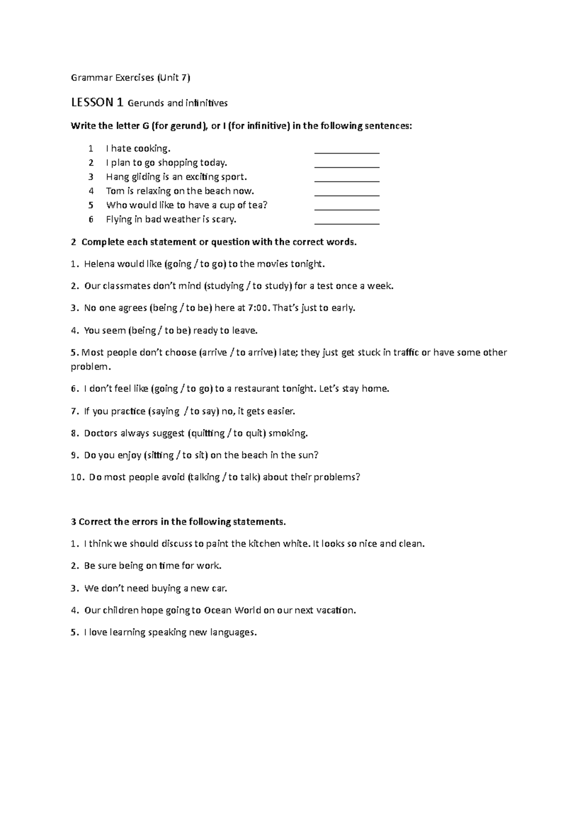 Excercises unit 7 gerunds vs infinitives de ingles - Grammar Exercises ...