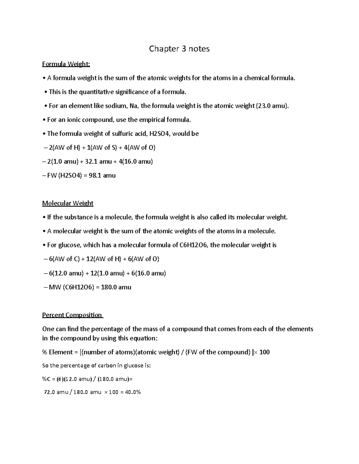 Chapter 3 notes Part 2 - Formula Weight, Molecular Weight, Moles ...