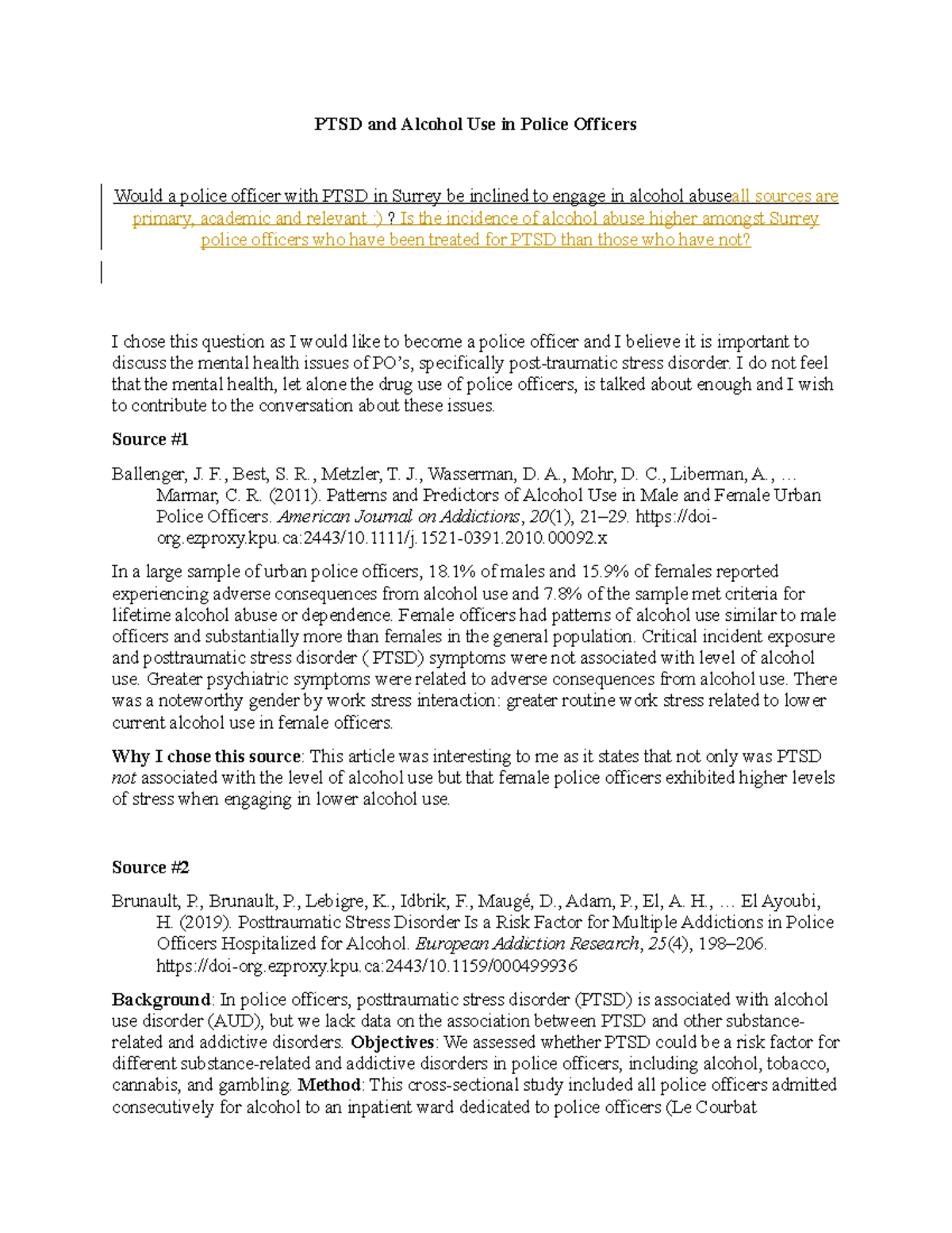 Project outline example - PTSD and Alcohol Use in Police Officers Would ...