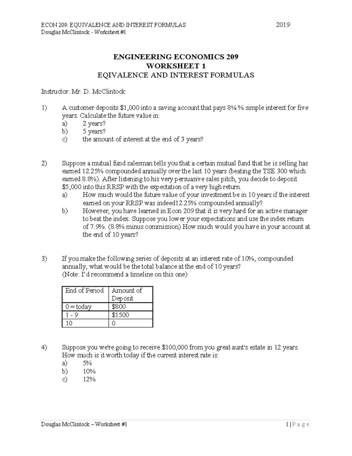 Worksheet 1. 2019 . Time Value of Money - Douglas McClintock ...
