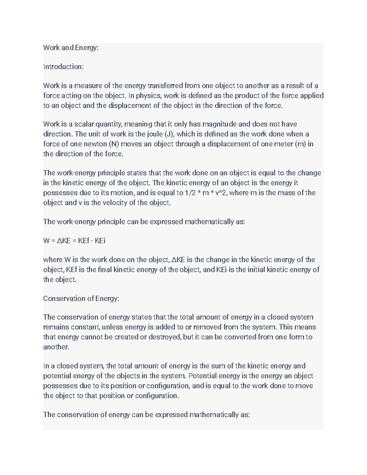 Work and Energy - Work and Energy: Introduction: Work is a measure of ...