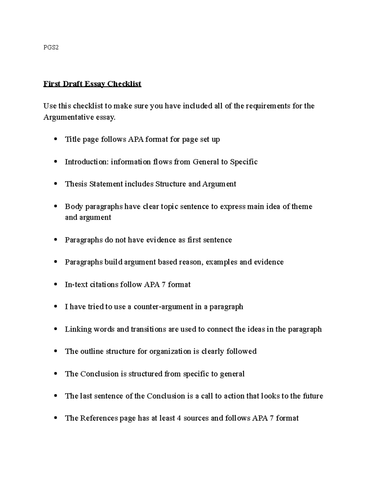 Essay checklist - PGS First Draft Essay Checklist Use this checklist to ...