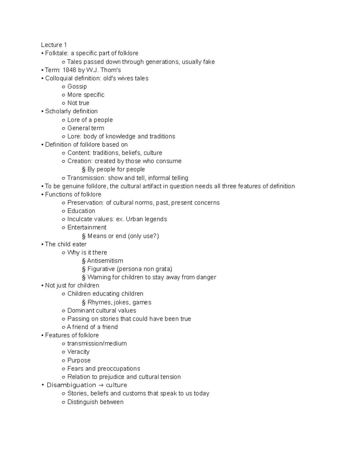 Midterm Notes - Lecture 1 Folktale: a specific part of folklore Tales ...