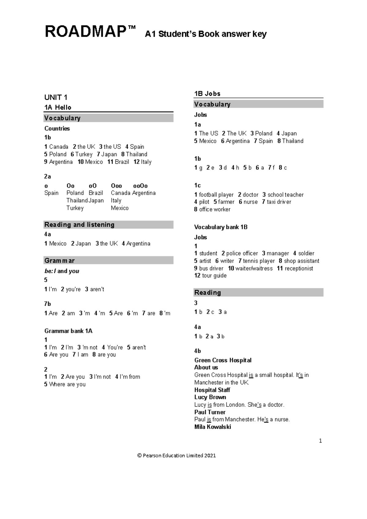 542 7- Roadmap A1. Students' Book Key 2021 - ROADMAP A1 Student’s Book ...
