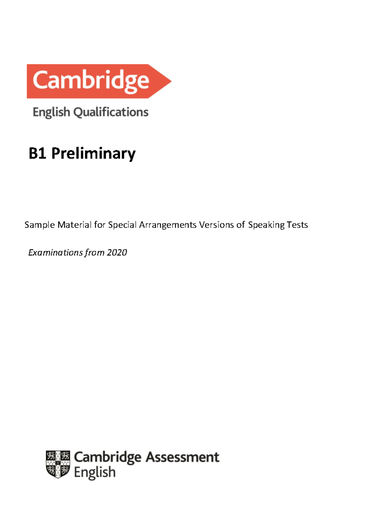 PET Speaking Sample TEST 1 - B1 Preliminary Sample Material for Special ...