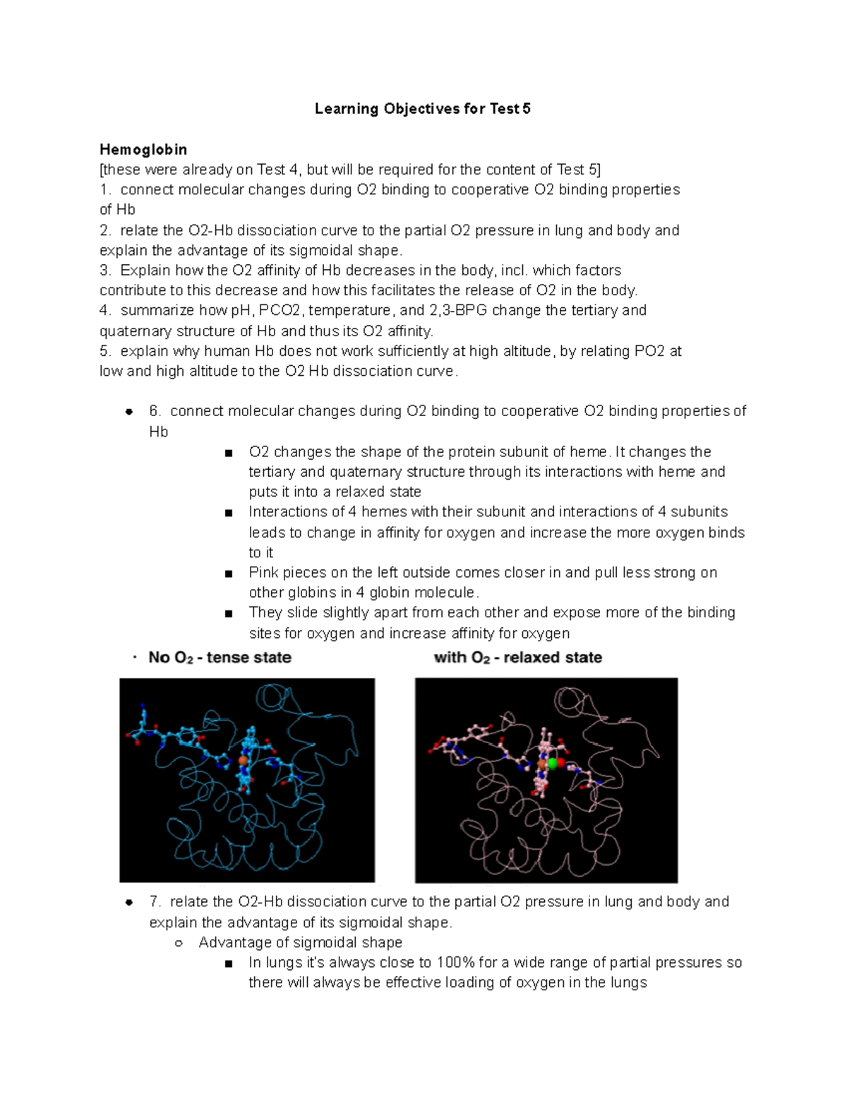 Test 5 Learning Objectives - Learning Objectives for Test 5 Hemoglobin ...