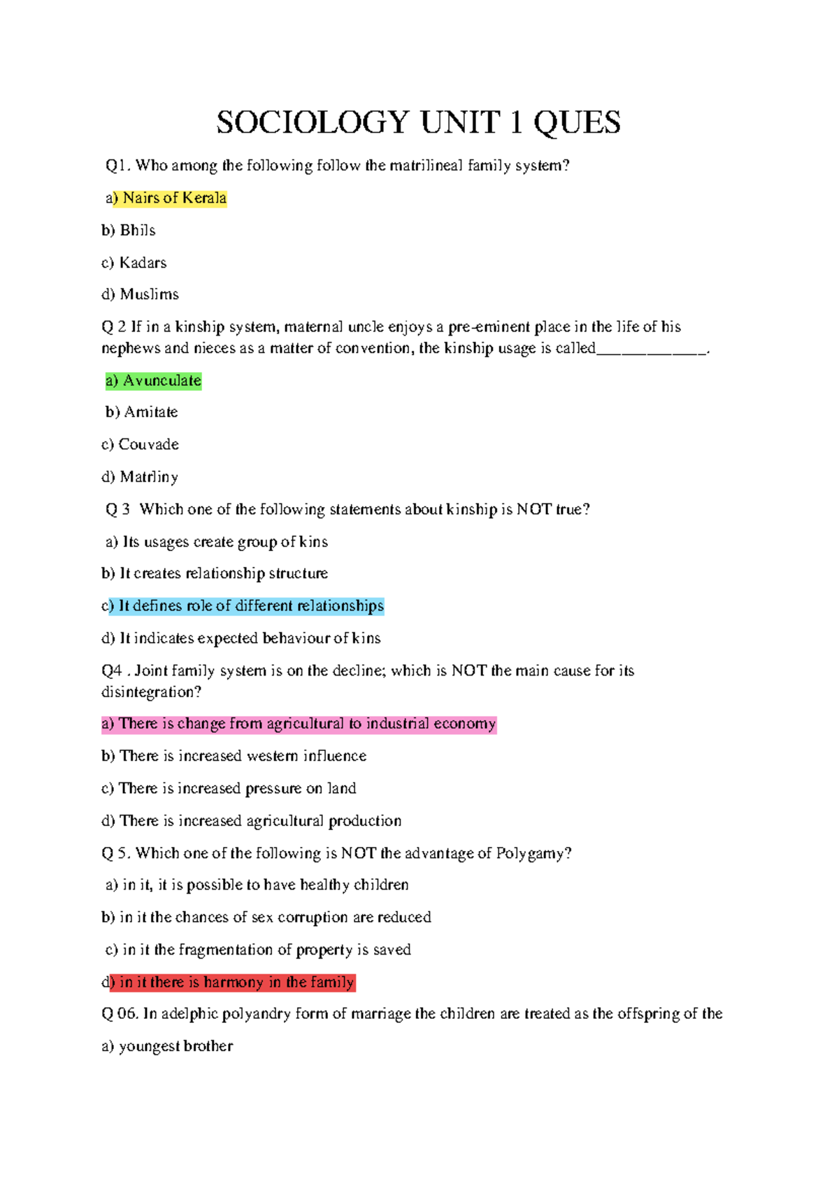 Sociology UNIT 1&2 (50) - SOCIOLOGY UNIT 1 QUES Q1. Who among the ...