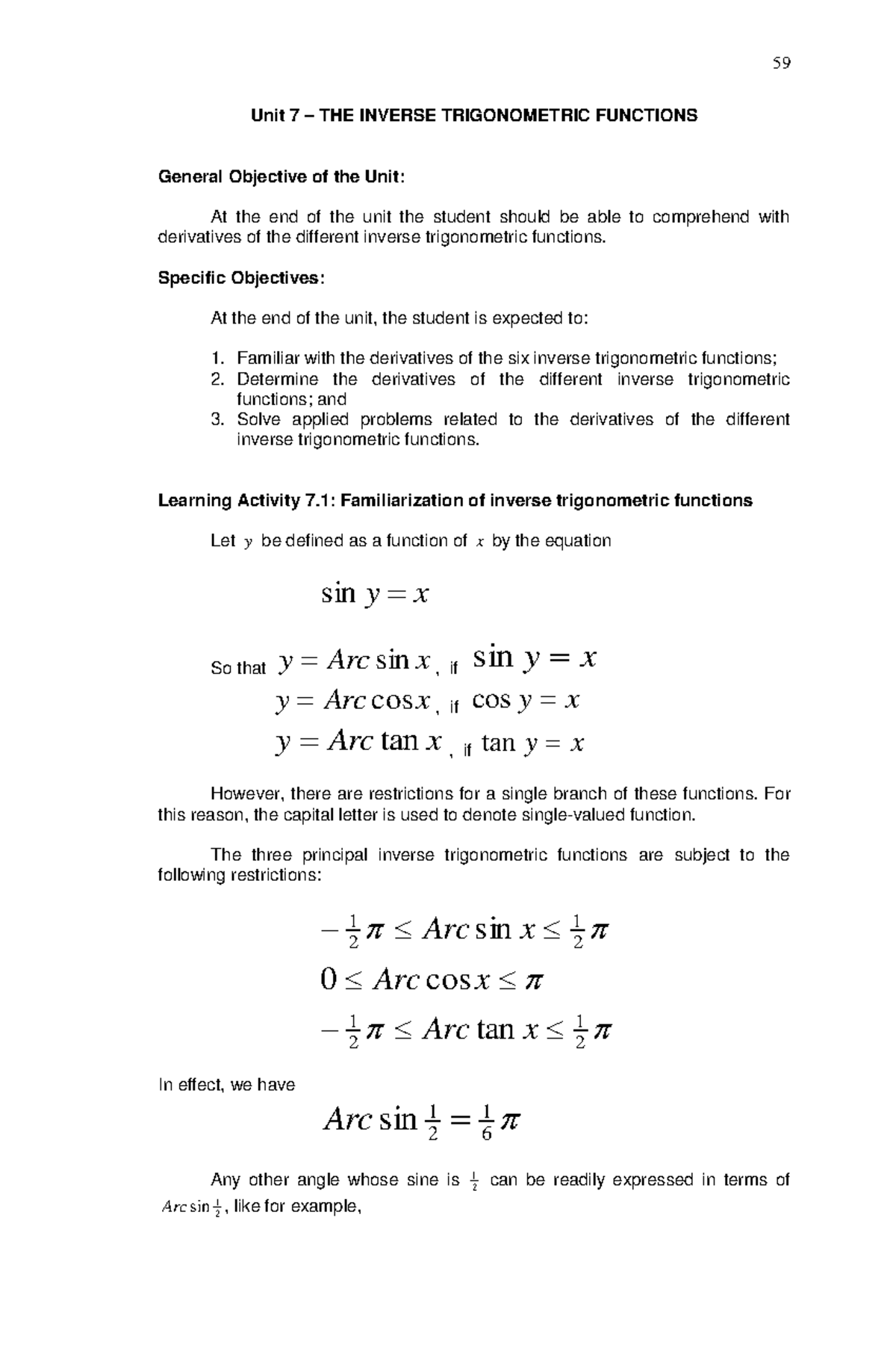 Unit 7 THE Inverse Trigonometric Functions - Unit 7 – THE INVERSE ...