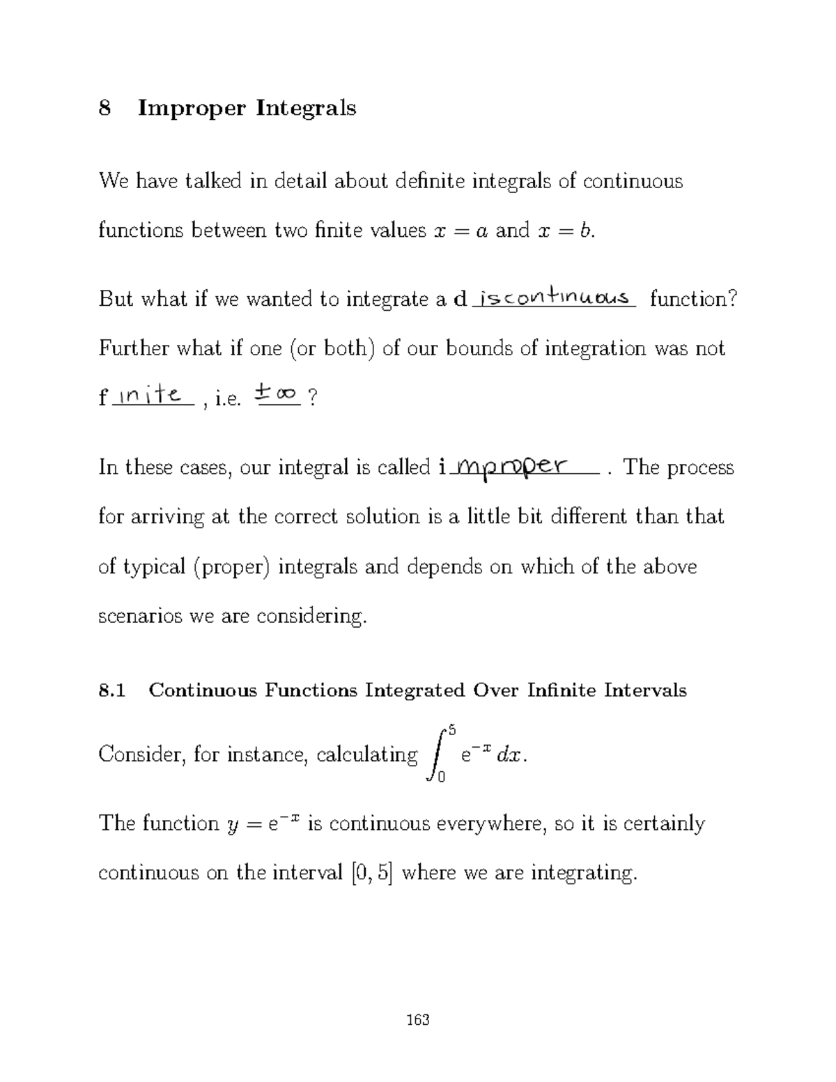 Mata31 Lecture 27 Improper Integrals Over Infinite Intervals P 163 169 Completed 8