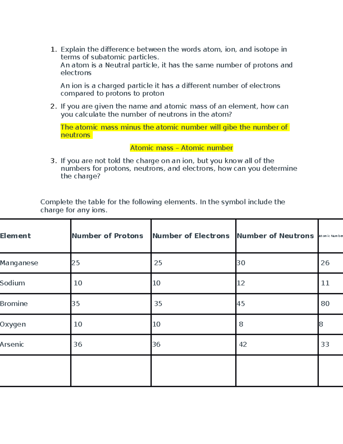 Atomic Review - 1. Explain the difference between the words atom, ion ...
