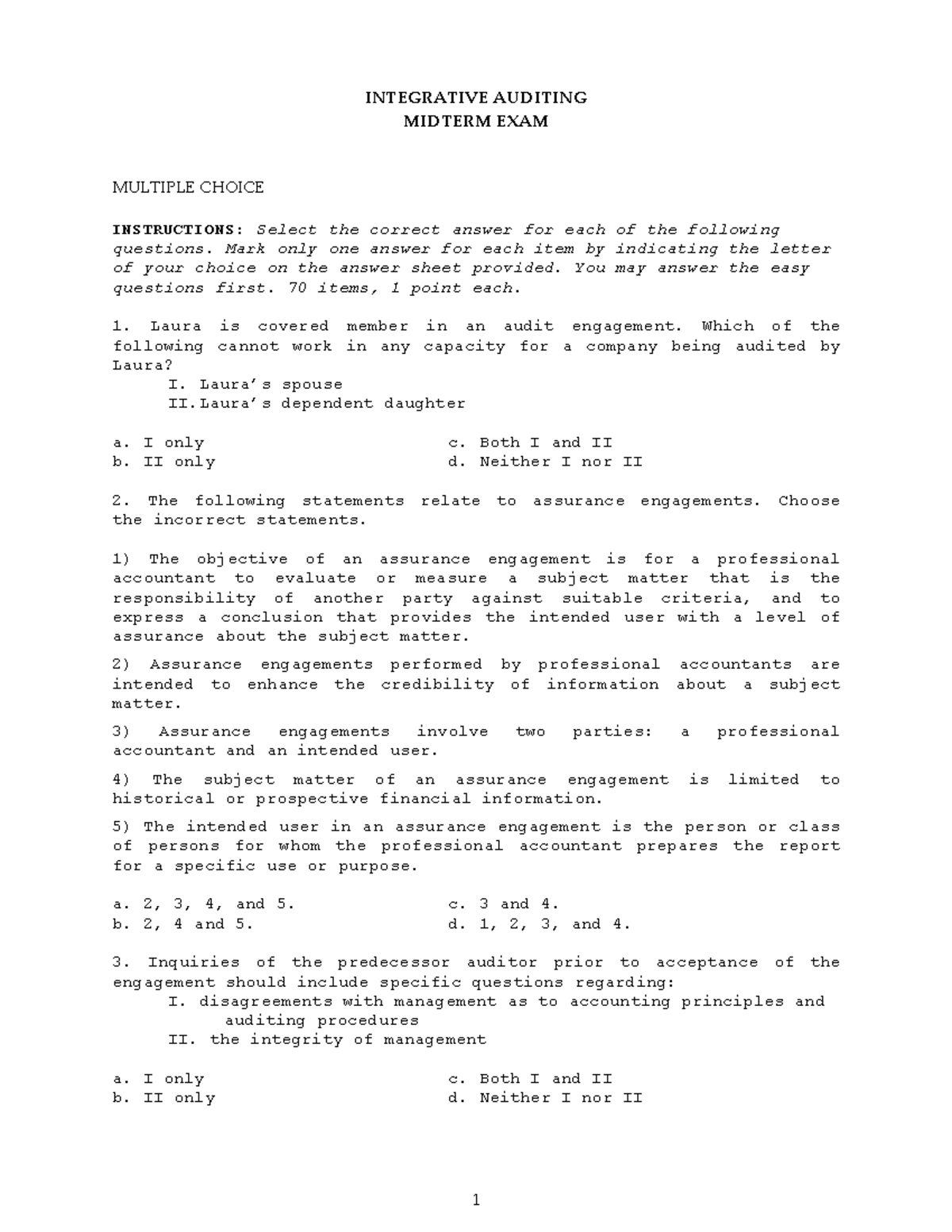01 IA Midterm EXAM Questions - INTEGRATIVE AUDITING MIDTERM EXAM MULTIPLE CHOICE INSTRUCTIONS ...