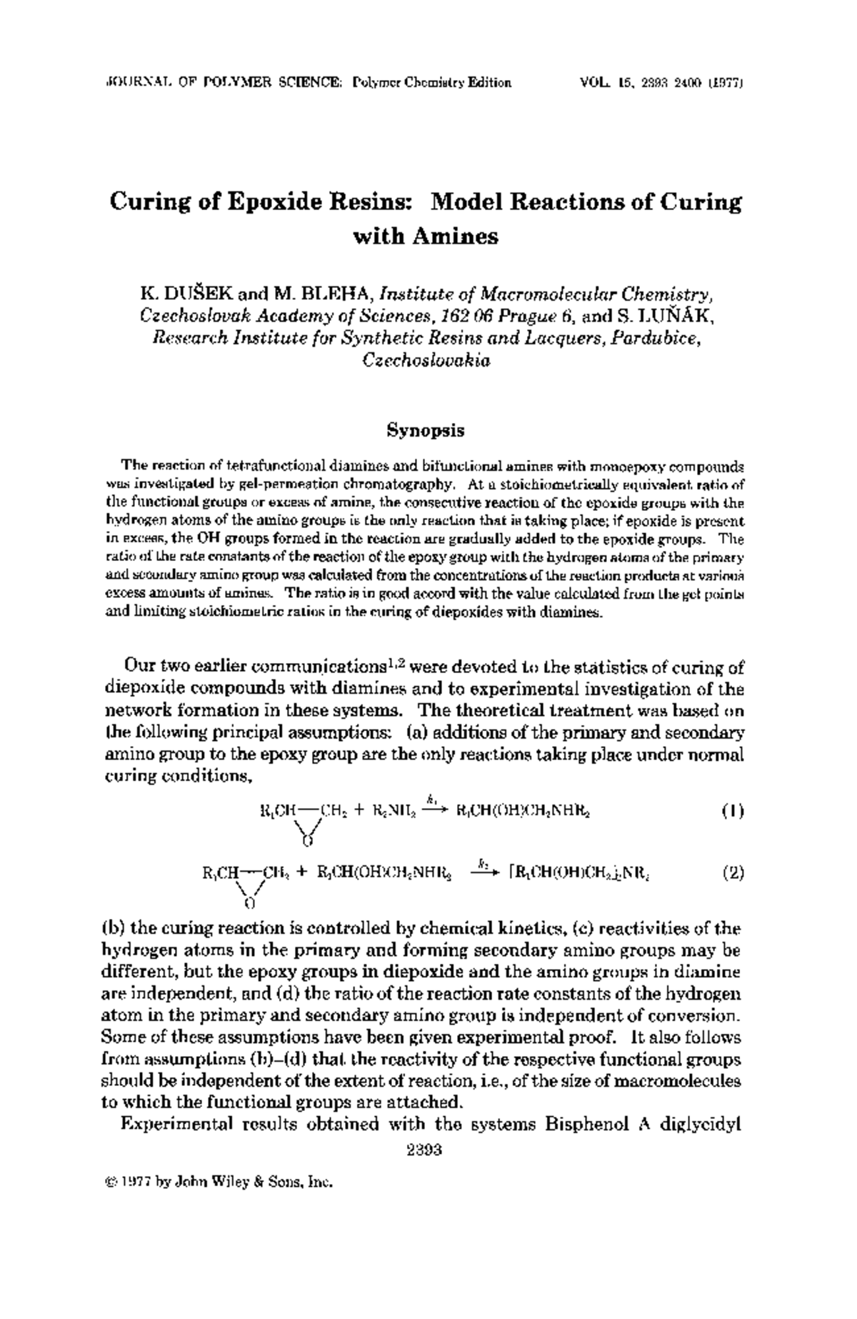 Curing of epoxide resins Model reactions - JOURNAL zyxwvutsrqpoOF ...
