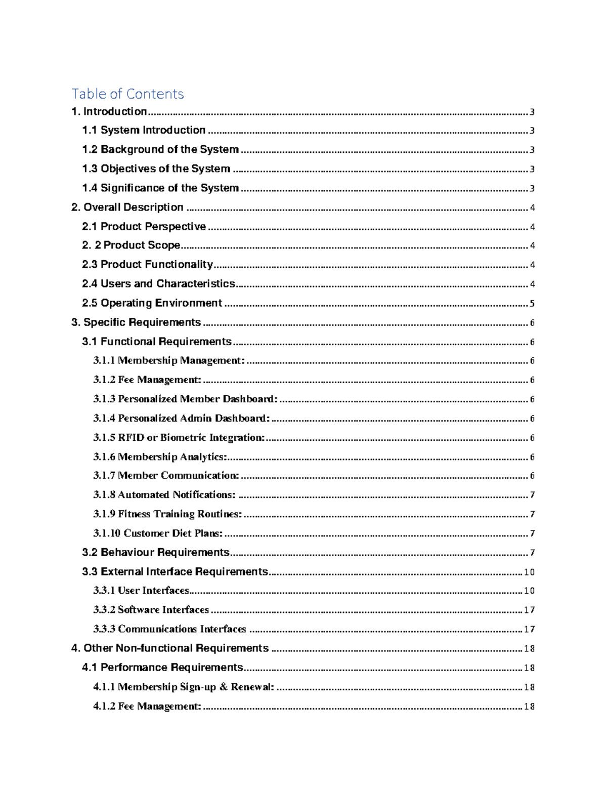 Main test GYM SRS - Summary Final Year Project - Table of Contents ...