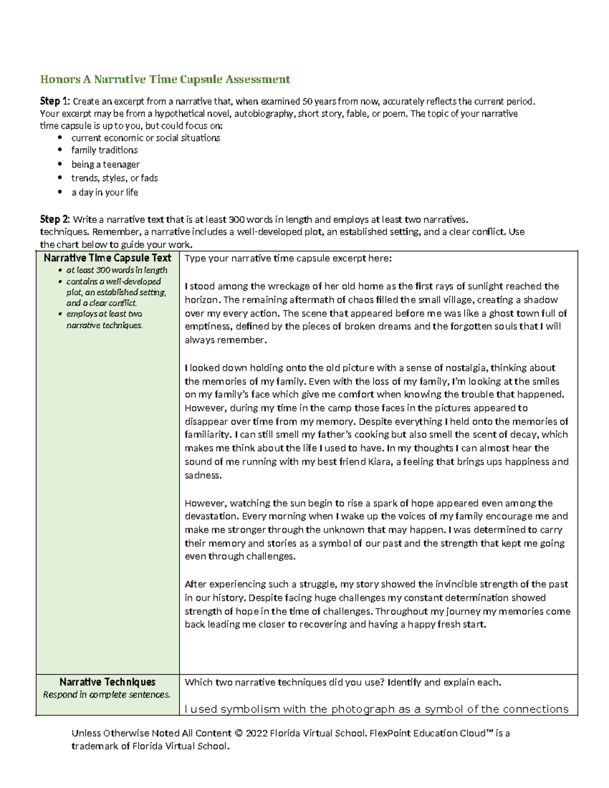 6 - idk - Honors A Narrative Time Capsule Assessment Step 1: Create an ...