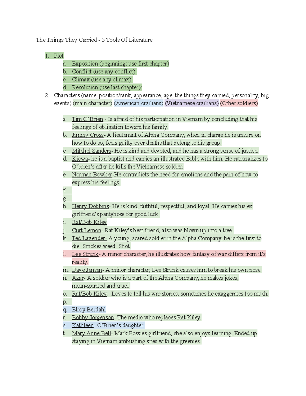 The Things They Carried - 5 Tools Of Literature - Plot a. Exposition ...