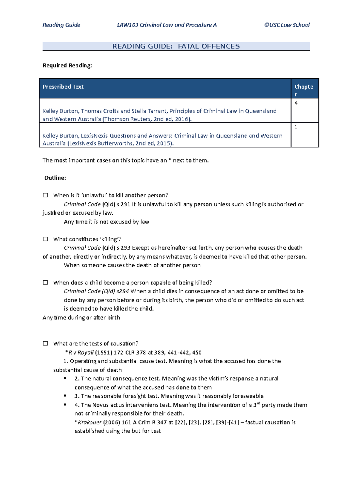 LAW103 Reading Guide - Fatal Offences(1) - READING GUIDE: FATAL ...