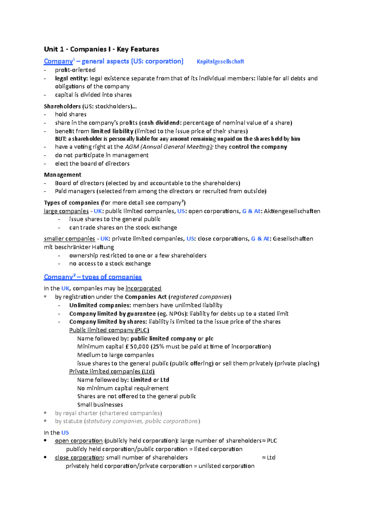 Keywords EBC2 - Unit 1 - Companies I - Key Features Company 1 – general ...