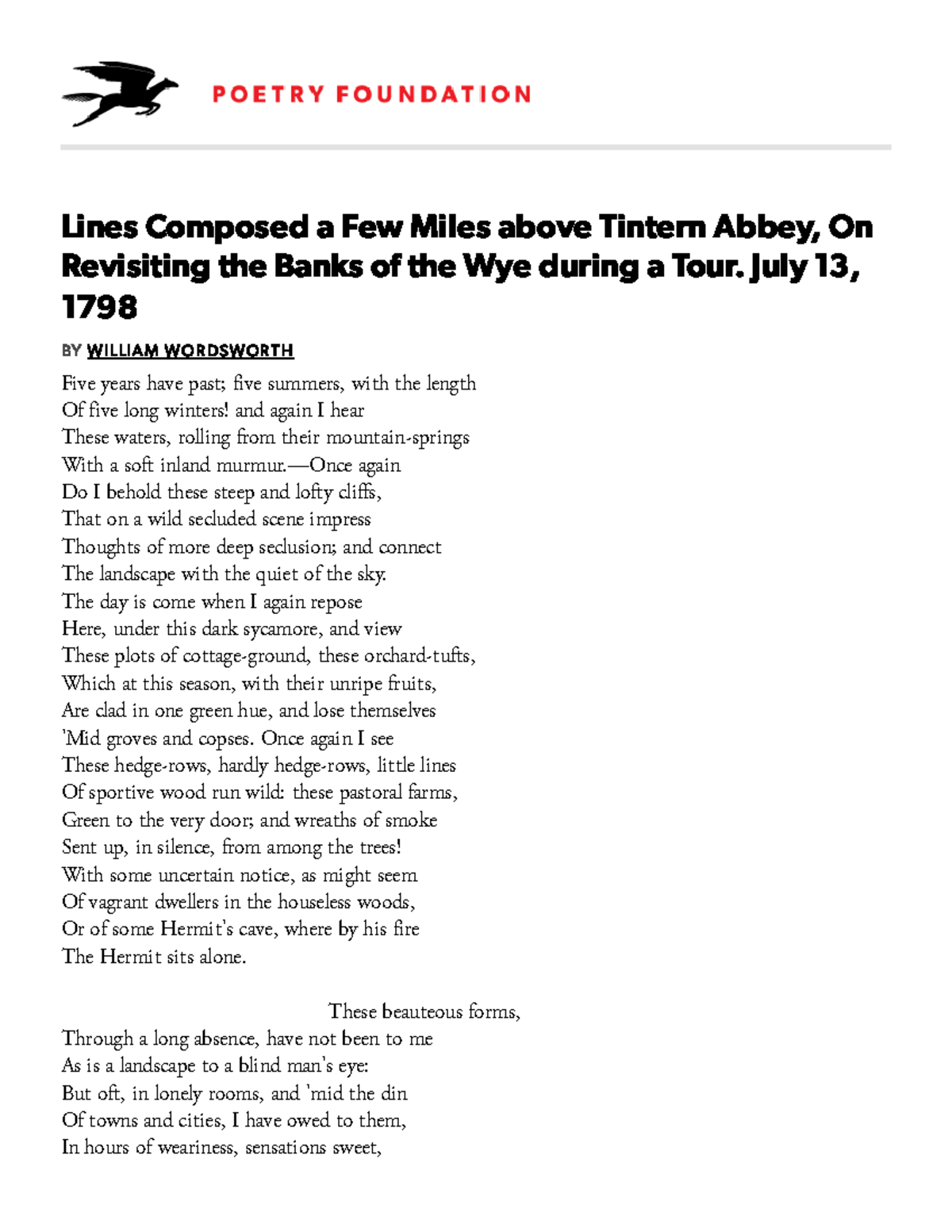 Lines Composed a Few Miles above Tintern Abbey,… Poetry Foundation ...