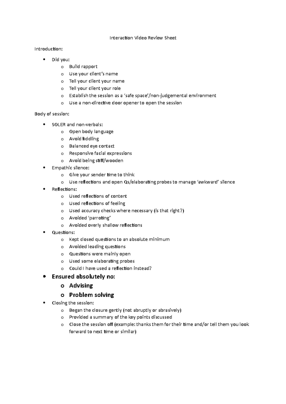 Interaction Checklist - Interaction Video Review Sheet Introduction ...