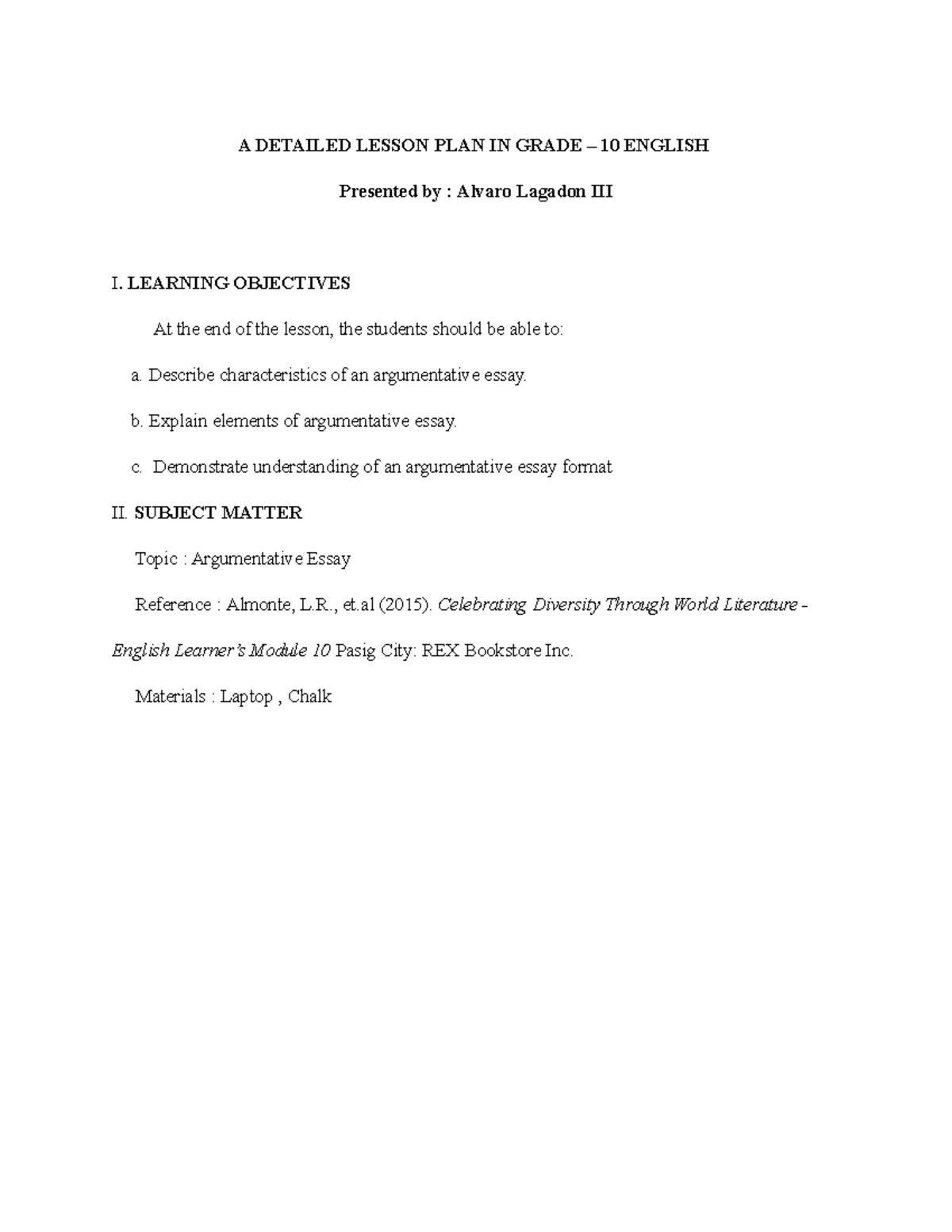 DLP English 10 Quarter 3 Module 1 A DETAILED LESSON PLAN IN GRADE