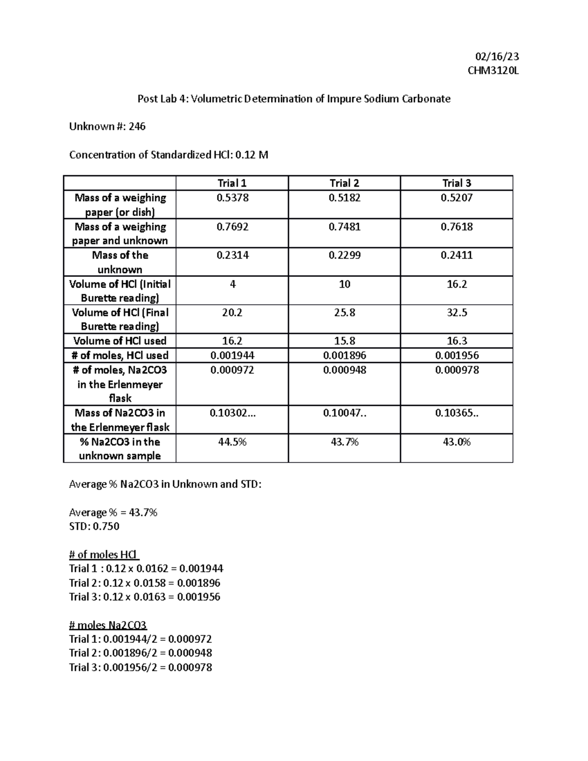 Post Lab 4 - Post Lab 4 - CHM3120L Post Lab 4: Volumetric Determination of Impure Sodium ...