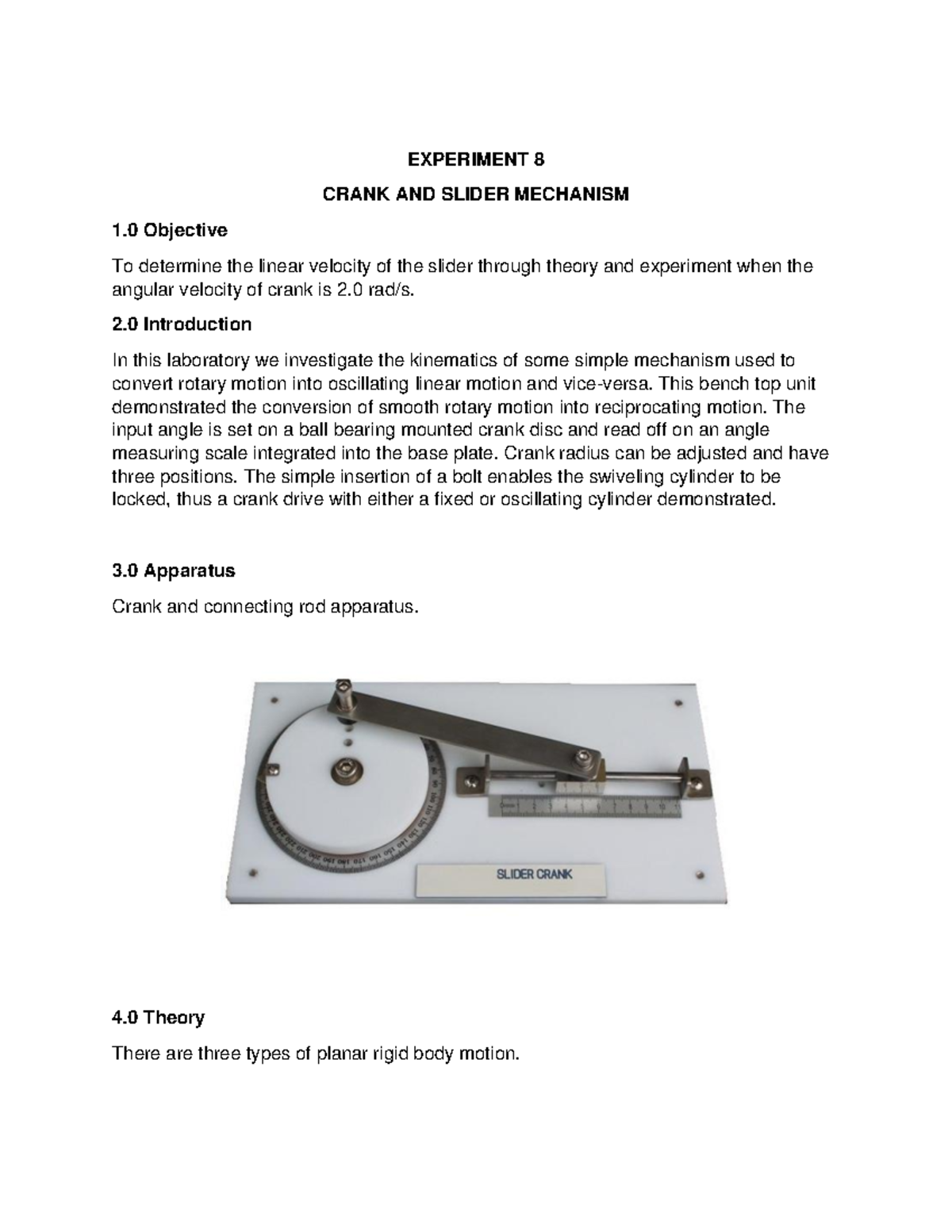Experiment 8 Crank AND Slider - EXPERIMENT 8 CRANK AND SLIDER MECHANISM 1 Objective To determine ...