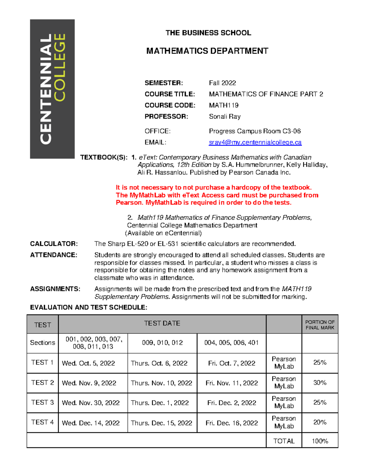 MATH119 Testing Schedule - Fall 2022 - THE BUSINESS SCHOOL MATHEMATICS ...