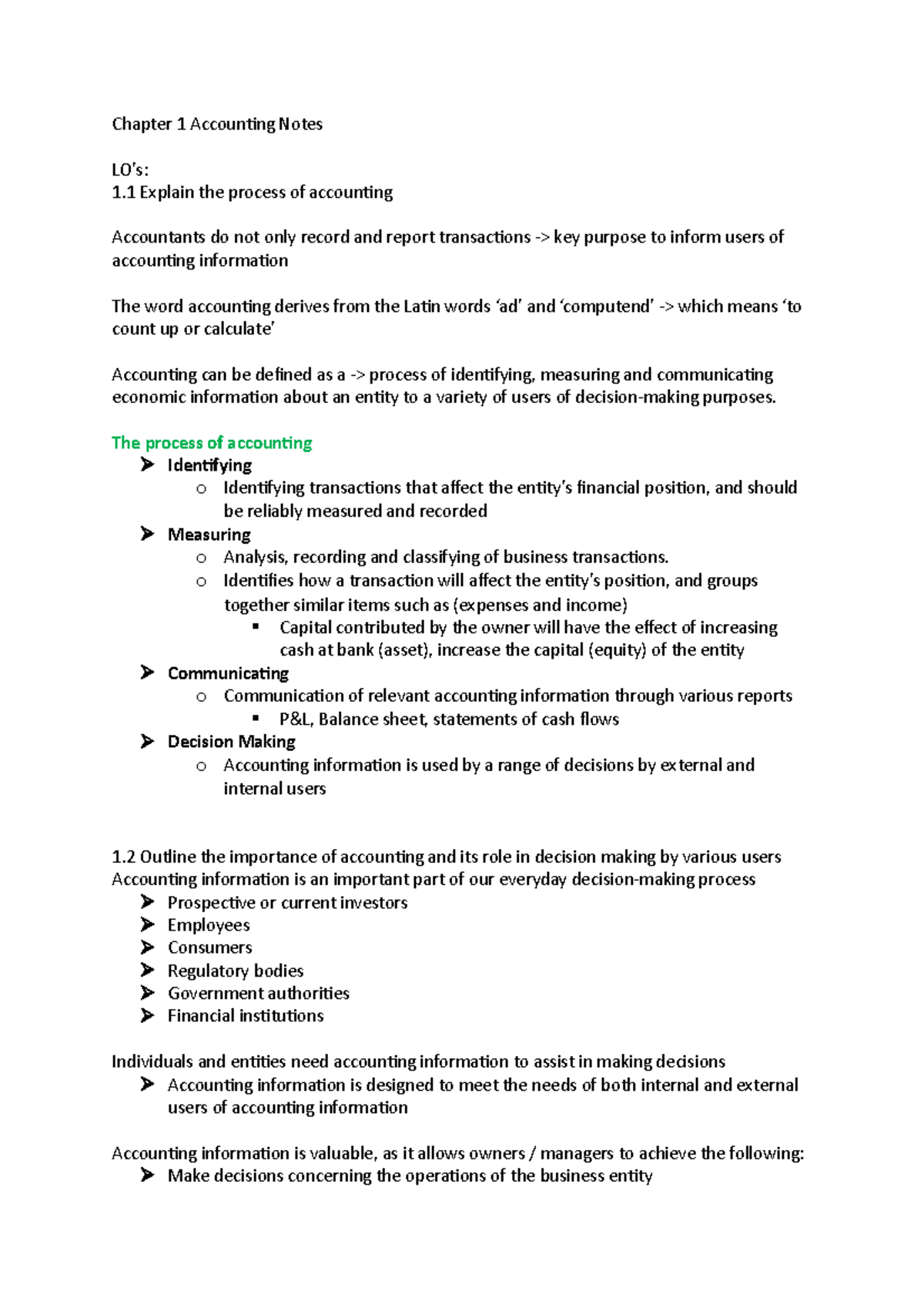 Chapter 1 Accounting Notes - Chapter 1 Accounting Notes LO’s: 1 Explain ...