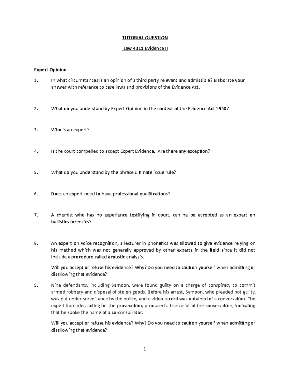 Evidence II - Sem 2 - Tutorial Questions on Opinion Evidence - TUTORIAL ...