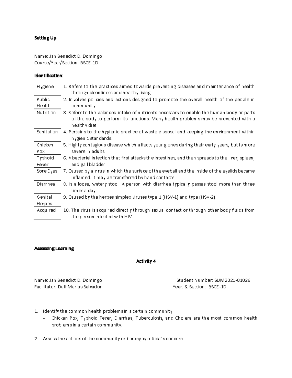 Domingo Jan Benedict D - question and answer on activities - Setting Up ...