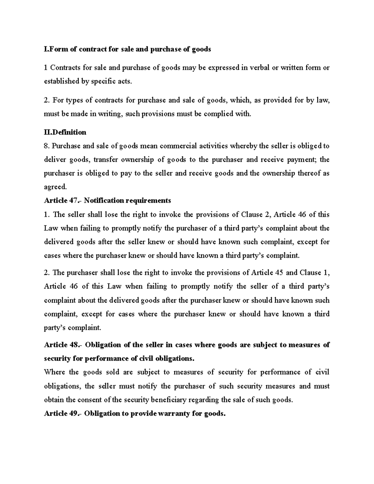 Definition Article 47 TO 73 - I of contract for sale and purchase of ...