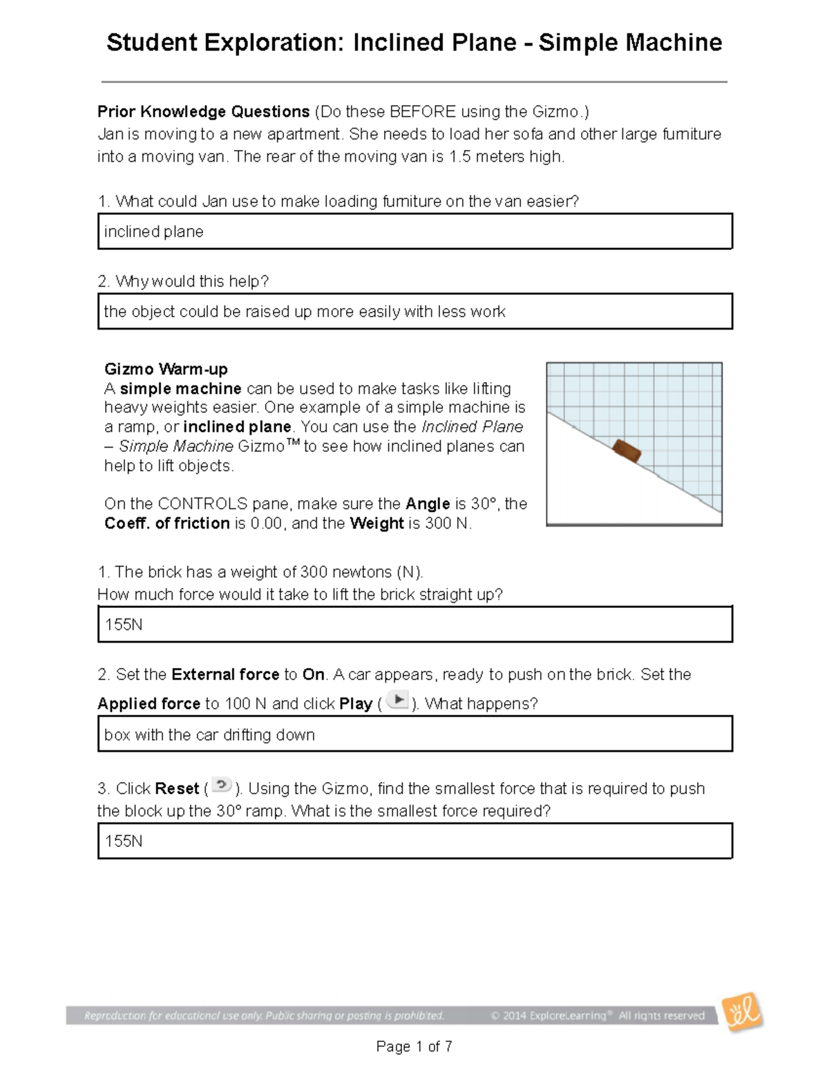 Copy of Student Exploration Inclined Plane - Simple Machine - Prior ...