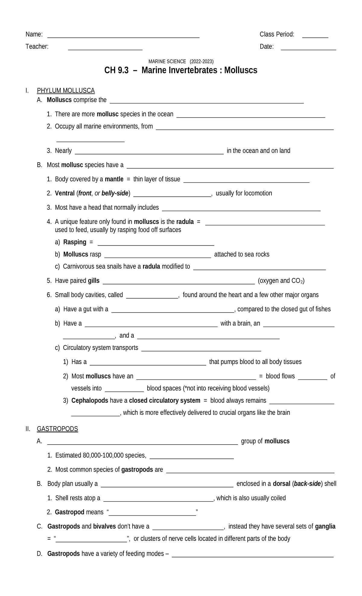 14-+Marine+Invertebrates%2C+Molluscs+Outline++%28CH+9 - Name: - Studocu