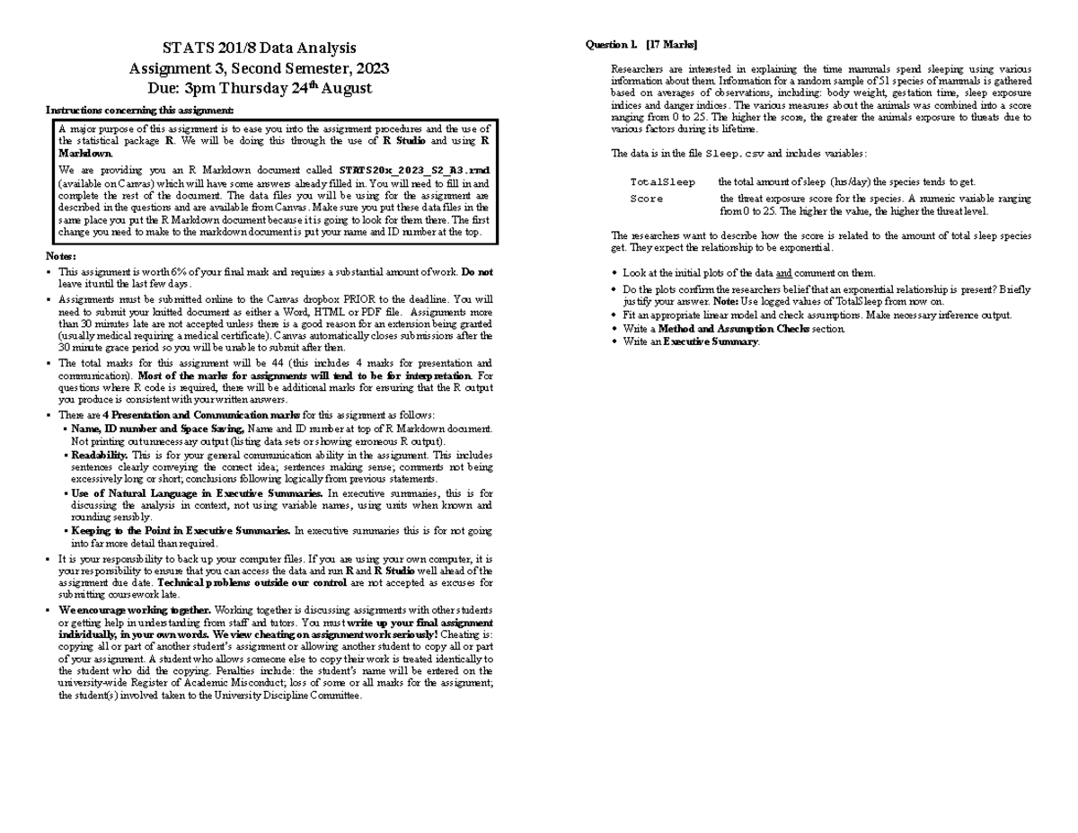 20x Assignment 3 Questions S2 23 - STATS 201/8 Data Analysis Assignment 3, Second Semester, 2023 ...