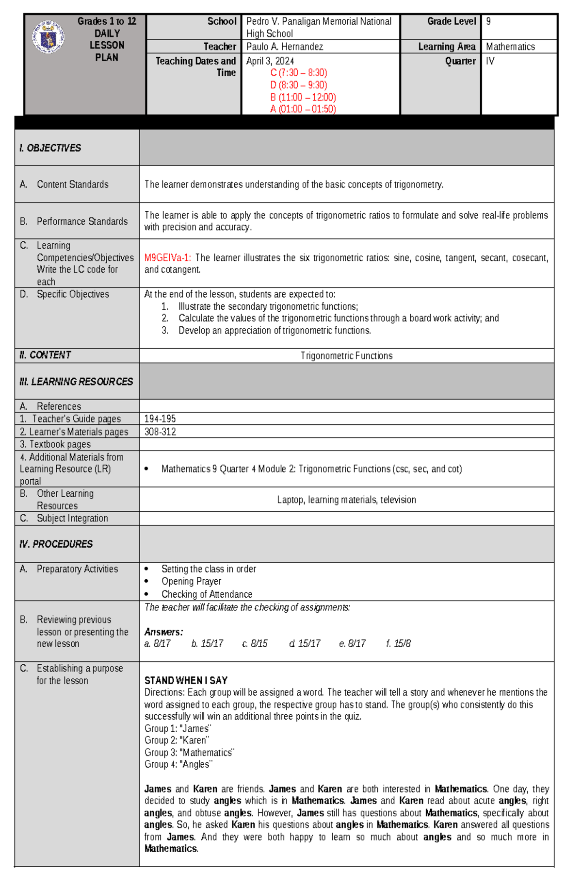 Q4 Secondary Trigonometric Functions - Grades 1 to 12 DAILY LESSON PLAN ...