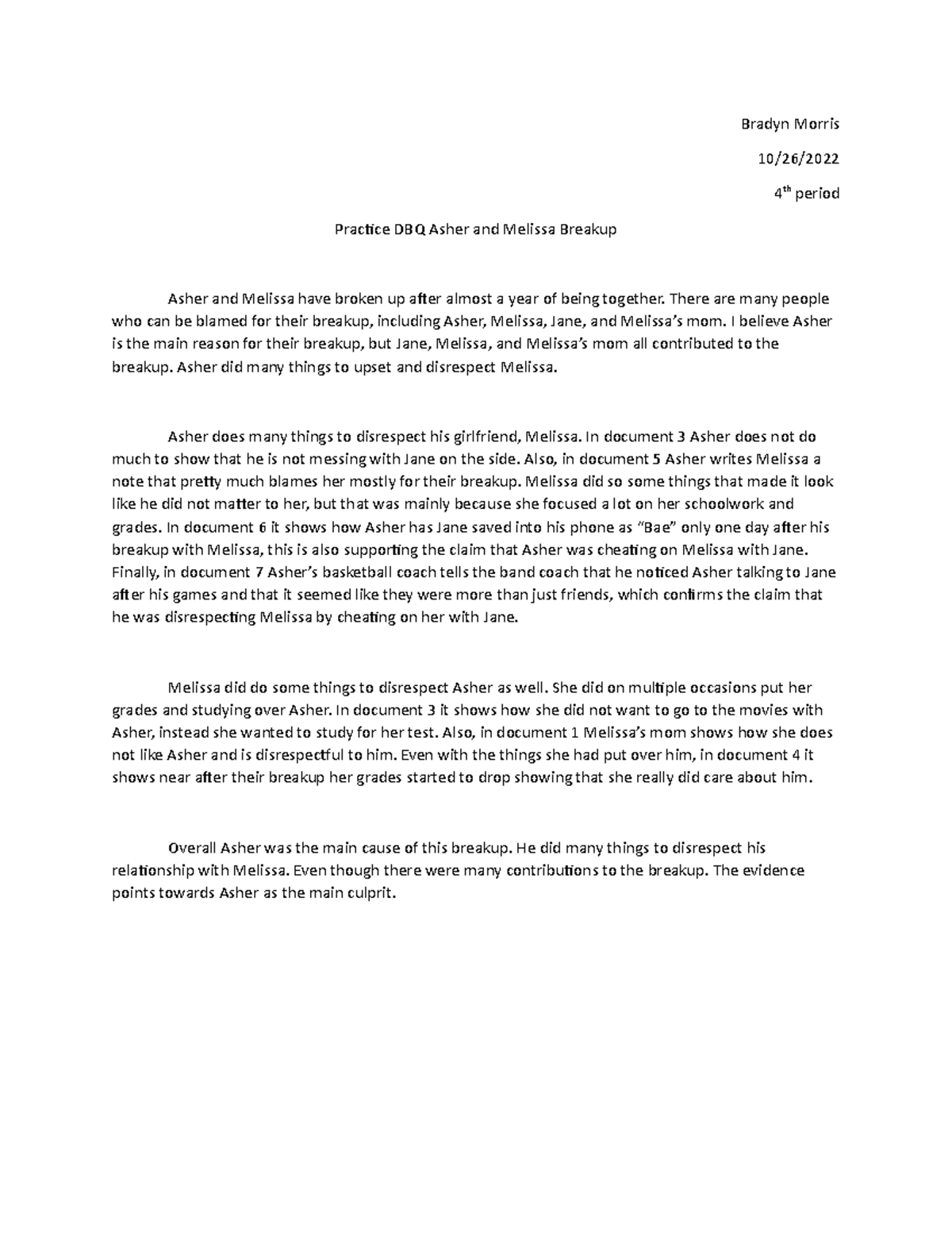 Practice DBQ Melissa-Asher Breakup - Bradyn Morris 10/26/ 4 th period ...