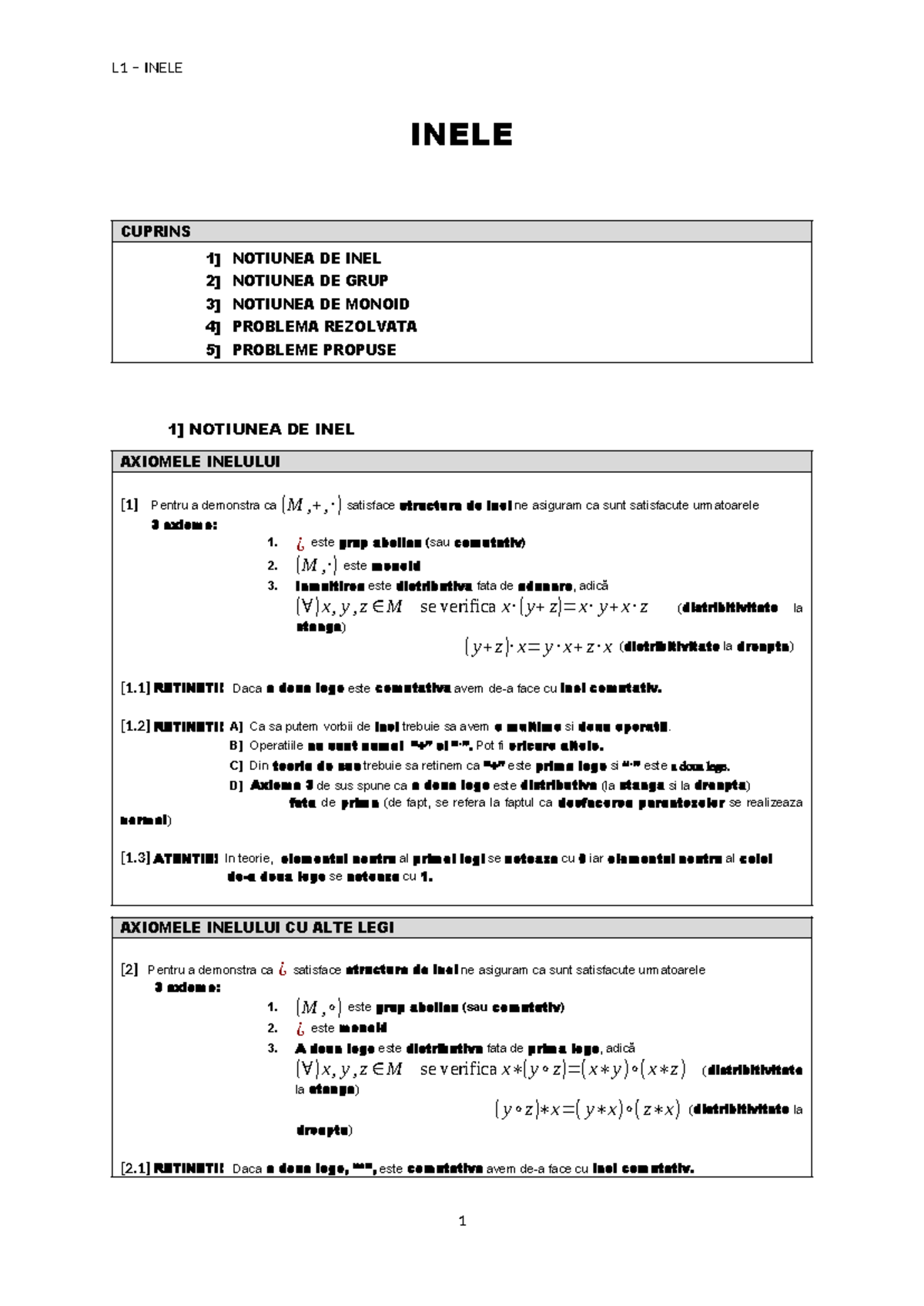 L1 - Inele - INELE CUPRINS 1] NOTIUNEA DE INEL 2] NOTIUNEA DE GRUP 3 ...