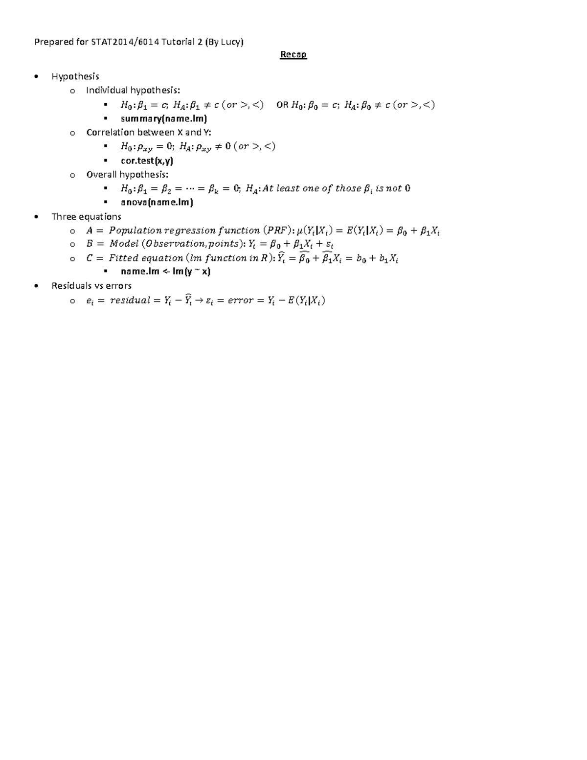 STAT6014 Tutorial Week 5-6 Notes (Lucy) - student - Recap Hypothesis o ...