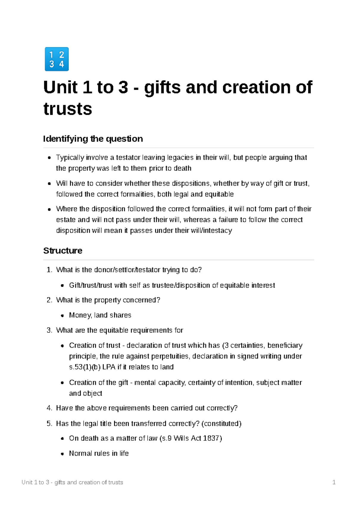 Gifts and Creation of Trusts - 🔢 Unit 1 to 3 - gifts and creation of ...