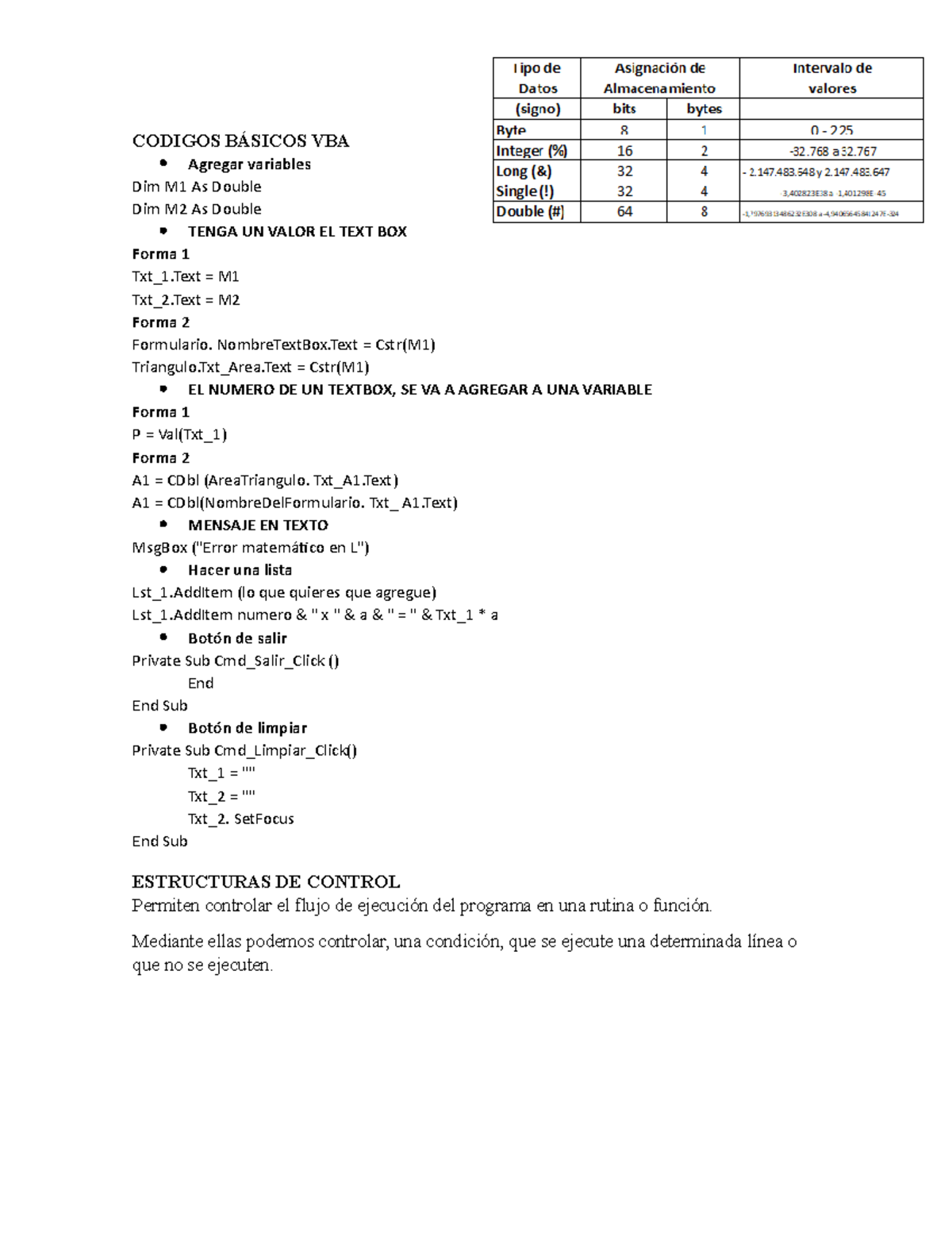 Codigos Basicos en Visual Basic para Aplicaciones - CODIGOS BÁSICOS VBA Agregar variables Dim M1 ...