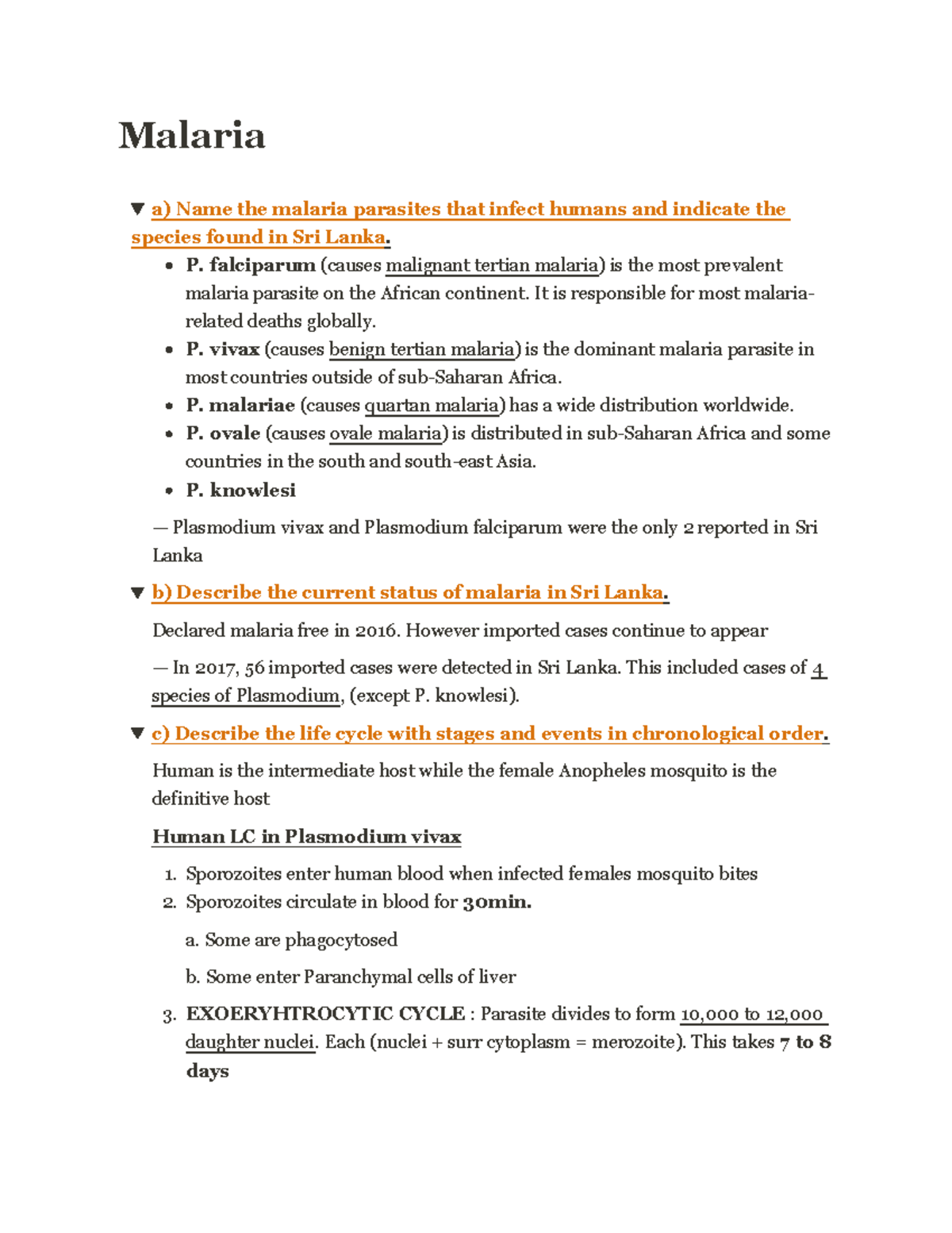 Malaria - Unknown - Parasitology - Malaria a) Name the malaria ...