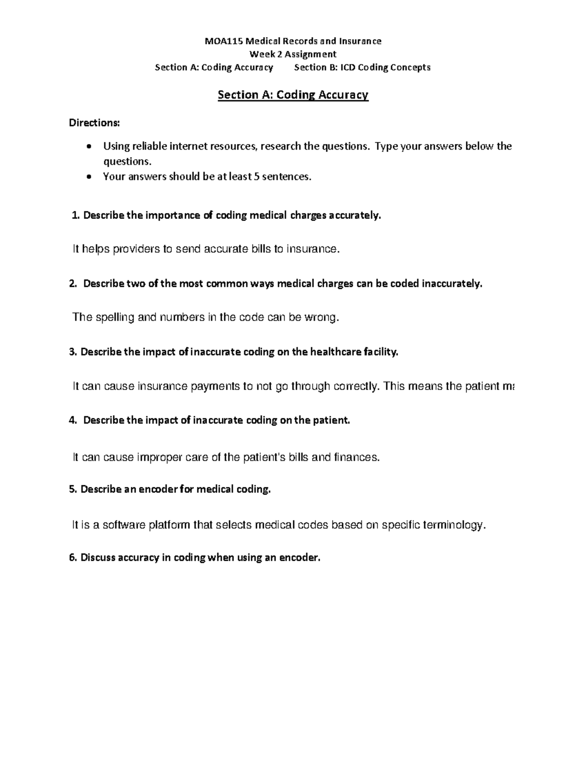 Week 2 Icd Coding Concepts And Coding Accuracy Moa115 Medical Records And Insurance Week 2