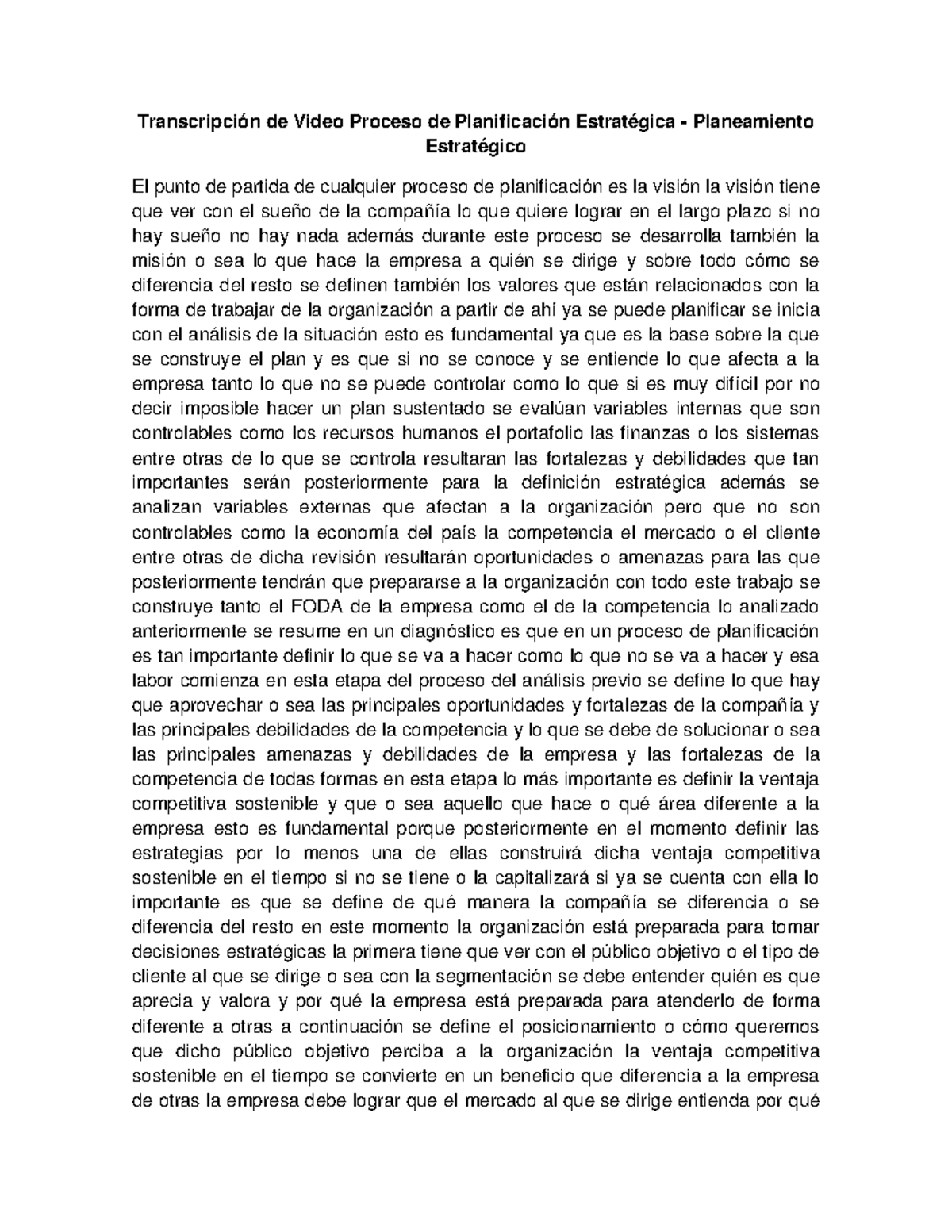 Transcripción de Video Proceso de Planificación Estratégica ...