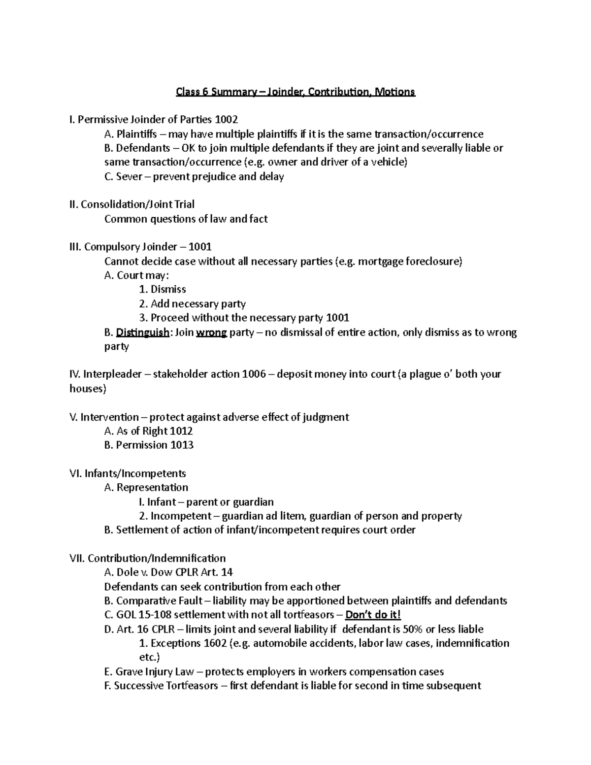 Class 6 Summary - Joinder, Contribution, Motions - Class 6 Summary ...